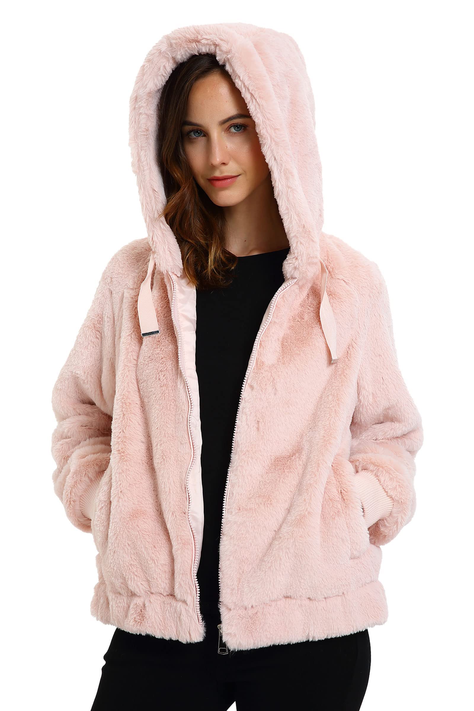Bellivera Women Faux Fur Coat Spring Clothes Winter The Fluffy Fuzzy Short Shearling Jacket with Hood 1712014 Pink L