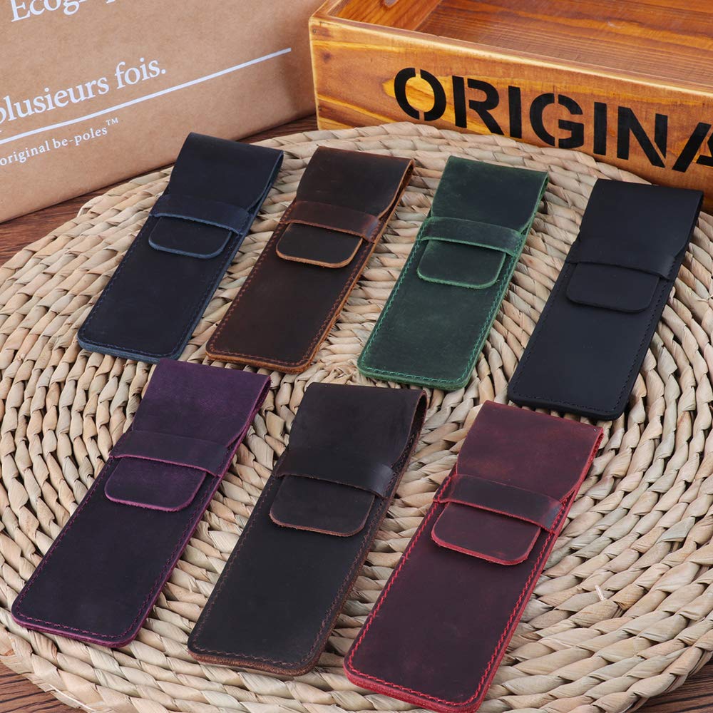 Daimay Leather Pen Case Holder Handmade Fountain Multi Pens Pouch Crazy Horse Leather Pen Protective Sleeve Cover β Brown