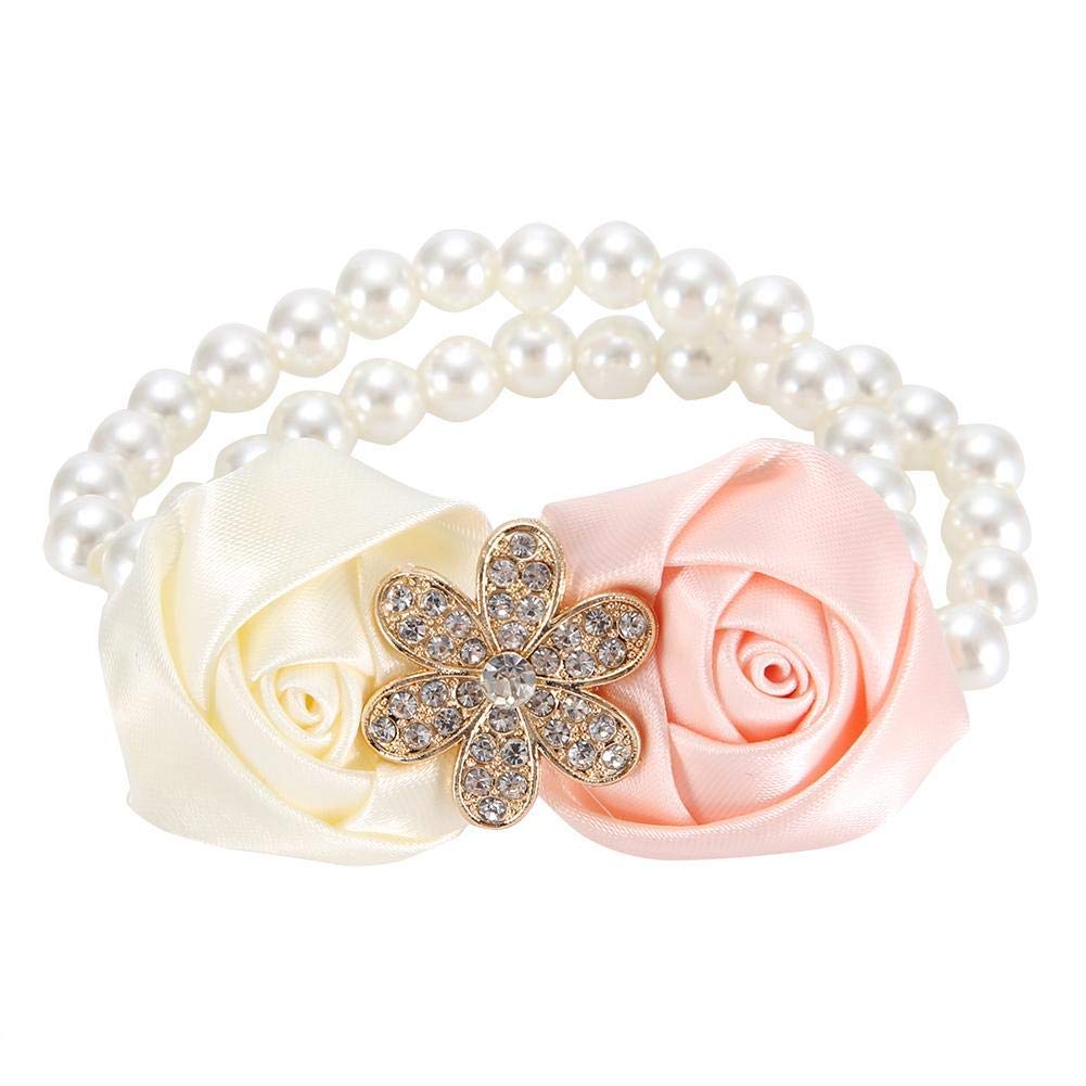 AUNMAS 2pcs Wedding Wrist Corsage, Girl Bridesmaid Groomsmen Hand Flower Faux Pearl Bead Corsage, Flower Bracelet Wedding Prom Party Decorations (White+)
