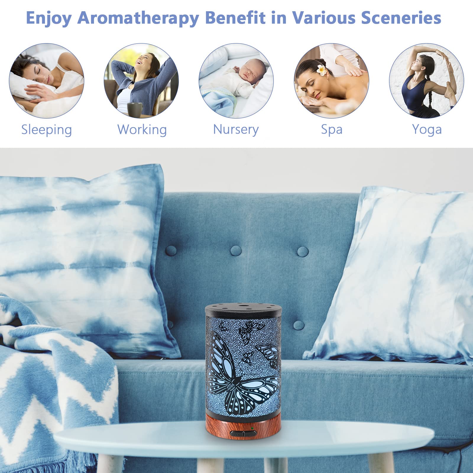 EQUSUPRO Essential Oil Diffuser 150ml Metal Aromatherapy Oil Diffuser Ultrasonic Cool Mist Diffuser with Auto Shut-Off Protection,7 Colors Changed LED for Home Office SPA Yoga (Butterfly)
