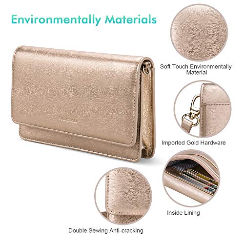 nuoku Women Small Crossbody Bag Cellphone Purse Wallet with RFID Card Slots 2 Strap Wristlet(Max 6.5'')(Gold)