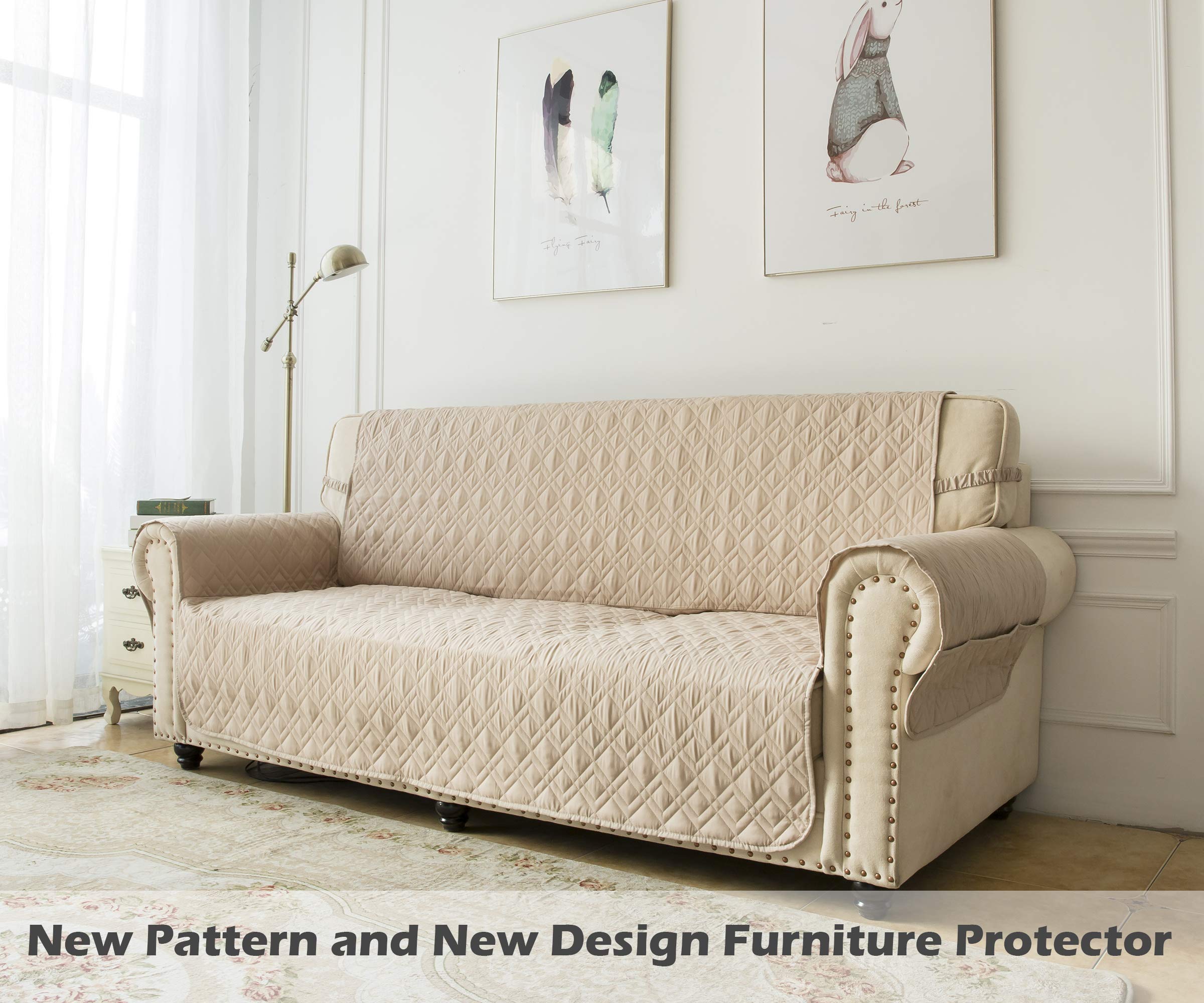 Ameritex Couch Sofa Slipcover 100% Waterproof Nonslip Quilted Furniture Protector for Dogs, Children, Pets, Machine Washable (Beige, 68")