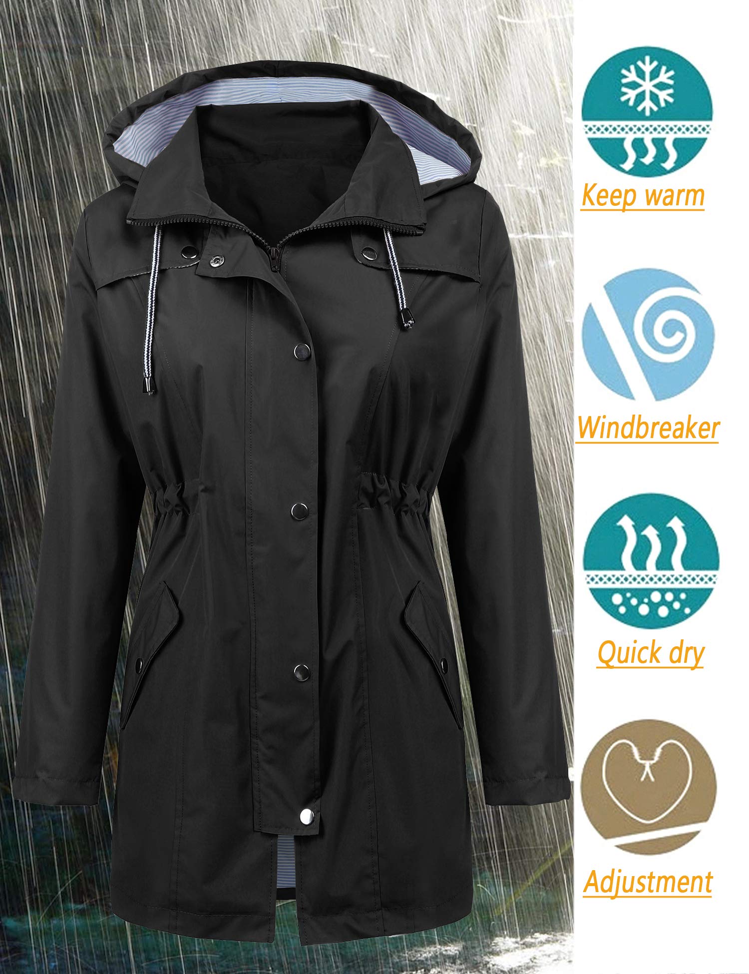 Women Lightweight Ladies Warm Travel Coat Outdoor Windbreaker with Pockets Outdoors Coat for Adults Waterproof Rain Jacket Black XL