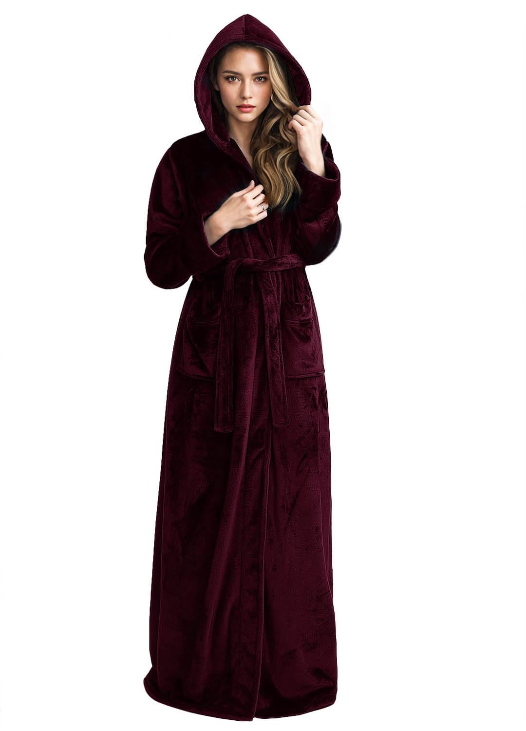 Hellomamma Long Hooded Robe for Women Luxurious Flannel Fleece Full Length Bathrobe Winter Warm Pajamas Shower Nightgown Wine Red X-Large