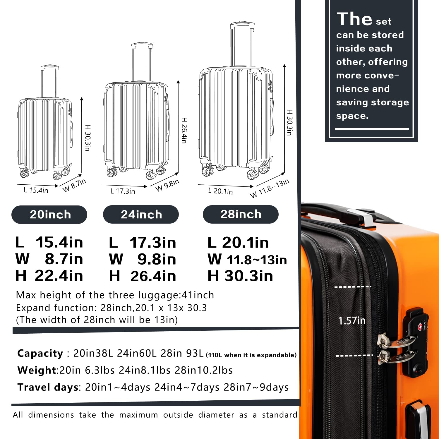 Coolife Luggage Expandable(only 28") Suitcase PC+ABS Spinner 20in 24in 28in Carry on (white grid new, M(24in))