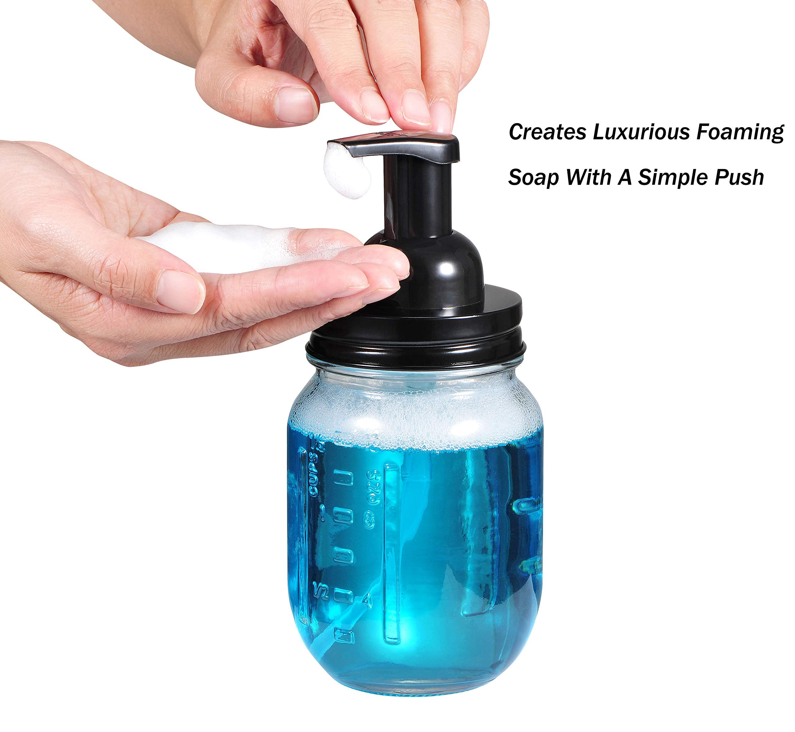 Amolliar Mason Jar Foaming Soap Dispenser Pump, Plastic Foam Soap Pump Rustproof Stainless Steel Lid, Refillable Hand Soap, Waterproof Labels, Cute Farmhouse Decor, Bathroom Accessories, Black 2 Pack