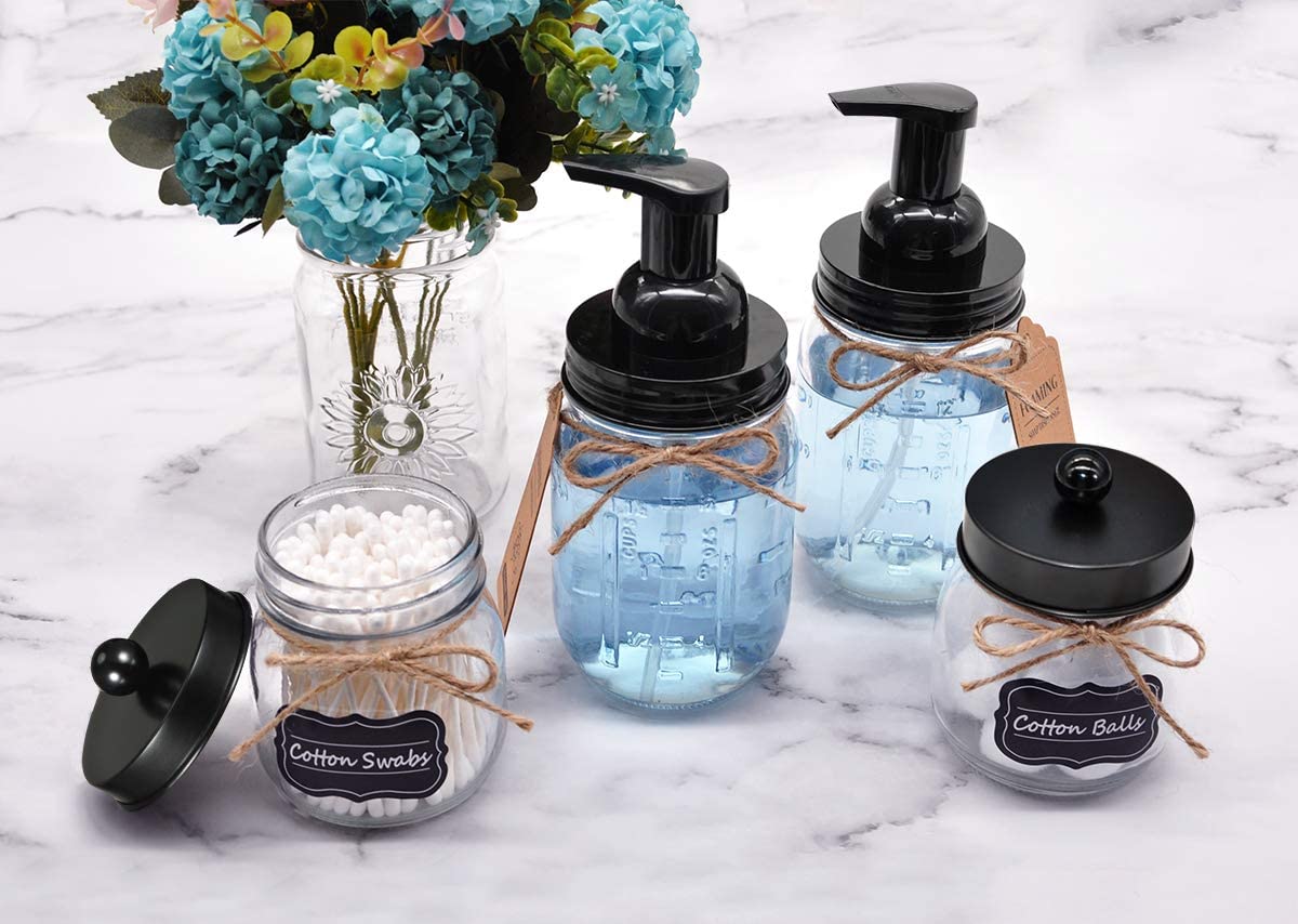 Amolliar Mason Jar Foaming Soap Dispenser Pump, Plastic Foam Soap Pump Rustproof Stainless Steel Lid, Refillable Hand Soap, Waterproof Labels, Cute Farmhouse Decor, Bathroom Accessories, Black 2 Pack