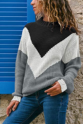 Acelitt Women's Ladies Winter Casual Warm Thick Long Sleeve Crewneck Color Block Contrast Knit Pullover Sweaters Tops Jumpers Black Large