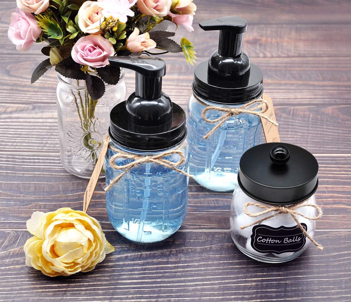 Amolliar Mason Jar Foaming Soap Dispenser Pump, Plastic Foam Soap Pump Rustproof Stainless Steel Lid, Refillable Hand Soap, Waterproof Labels, Cute Farmhouse Decor, Bathroom Accessories, Black 2 Pack