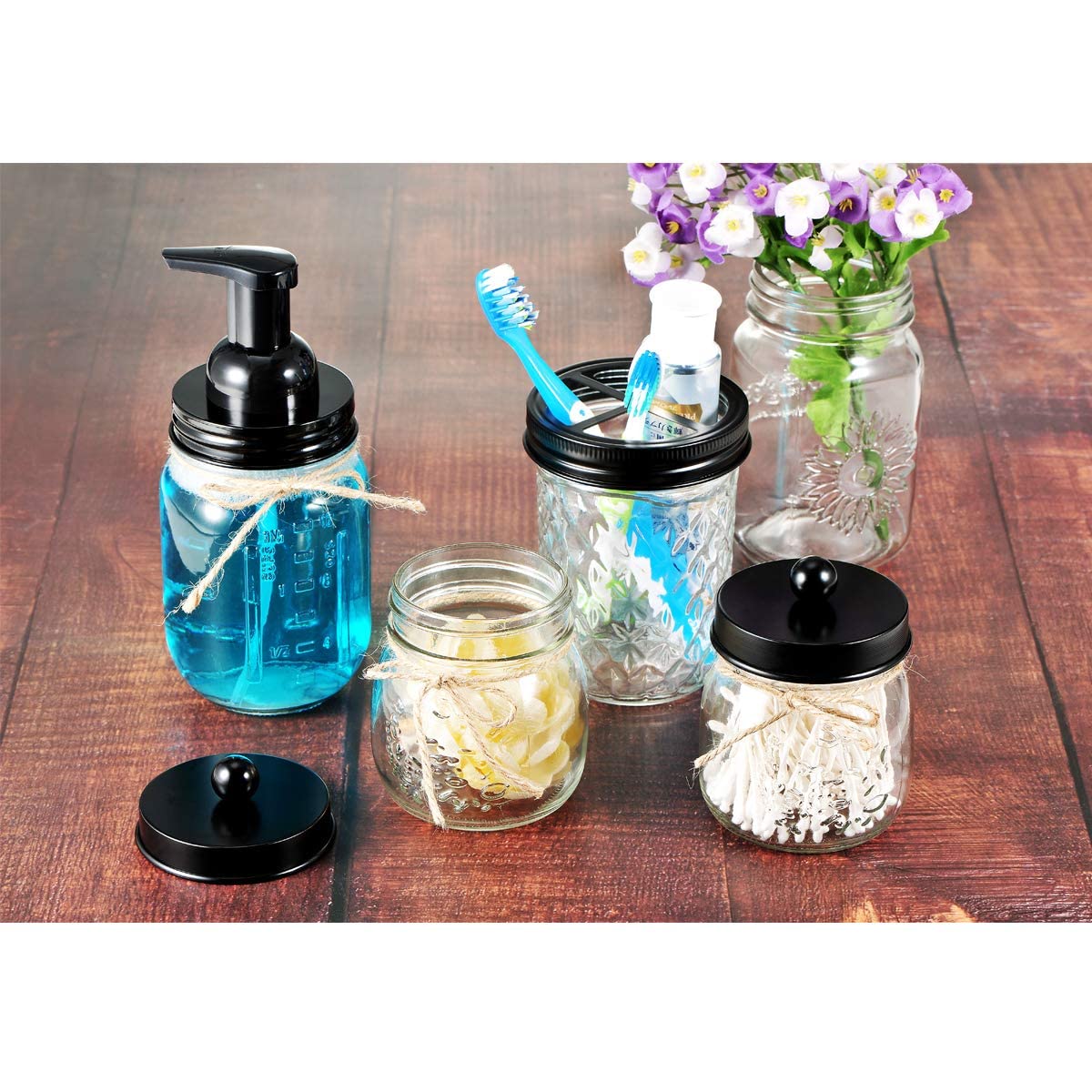 Amolliar Mason Jar Foaming Soap Dispenser Pump, Plastic Foam Soap Pump Rustproof Stainless Steel Lid, Refillable Hand Soap, Waterproof Labels, Cute Farmhouse Decor, Bathroom Accessories, Black 2 Pack