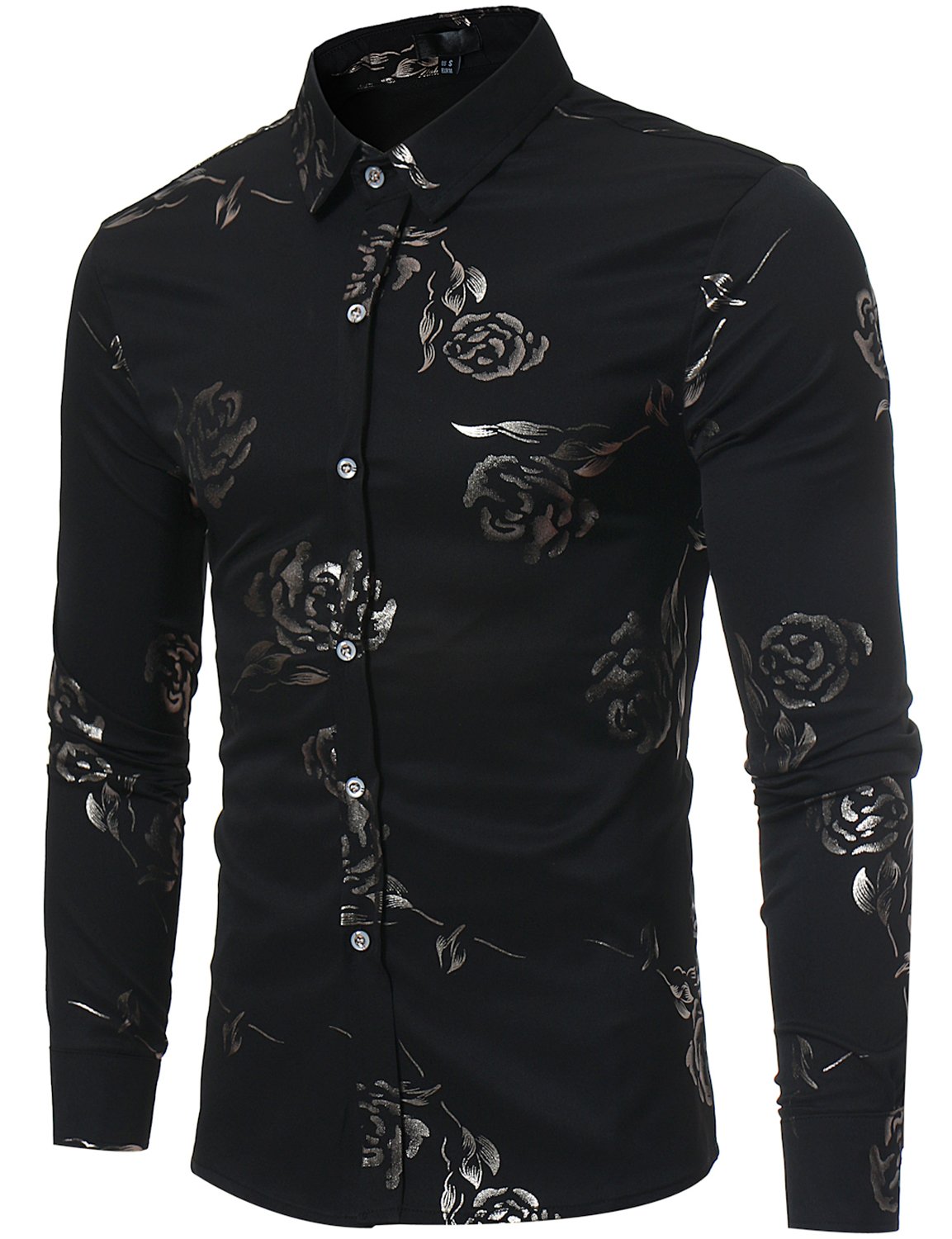 ZEROYAA Mens Hipster Gold Rose Printed Slim Fit Long Sleeve Dress Shirts/Prom Performing Shirts Z56 Black XX-Large
