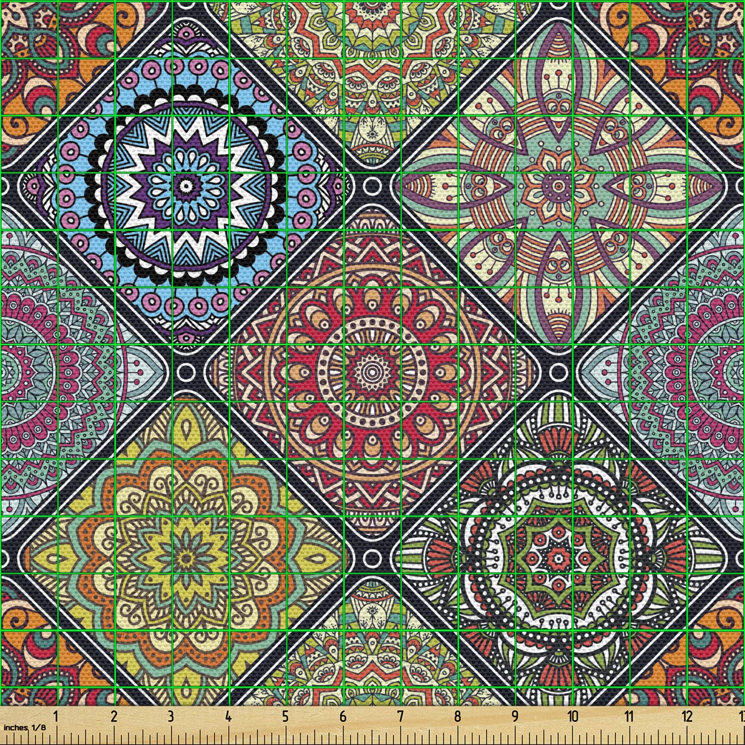 Ambesonne Mandala Fabric by The Yard, Checkered Rectangles Pattern Various Oriental Inspired Motifs Culture, Decorative Fabric for Upholstery and Home Accents, 1 Yard, Beige
