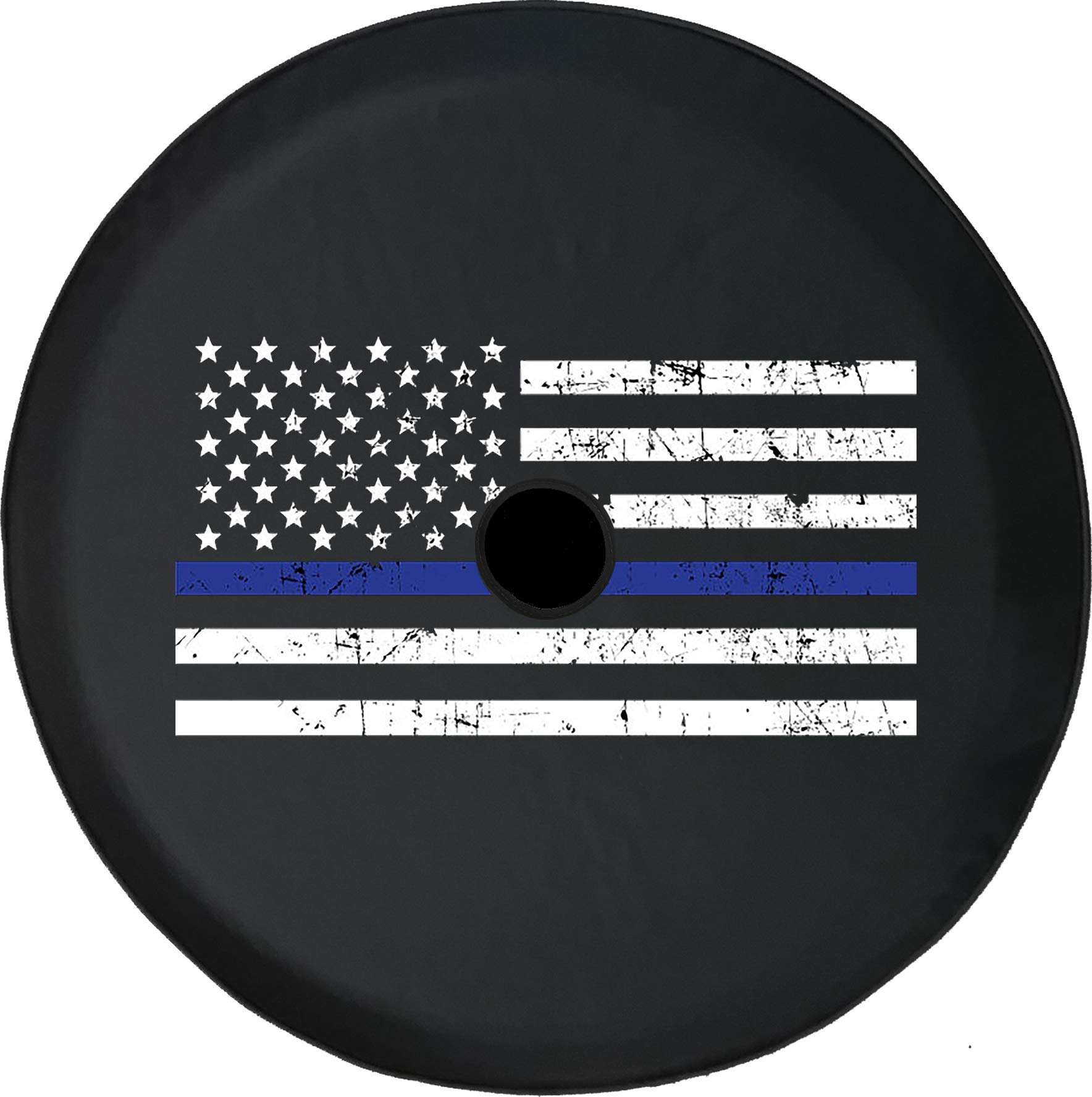JL Series Spare Tire Cover with Backup Camera Hole Distressed American Flag Thin Blue Line Black 33 in