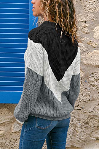 Acelitt Women's Ladies Winter Casual Warm Thick Long Sleeve Crewneck Color Block Contrast Knit Pullover Sweaters Tops Jumpers Black Large