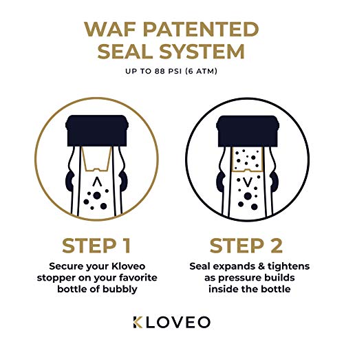 Champagne Stoppers by KLOVEO - Patented Seal (No Pressure Pump Needed) Made in Italy - Professional Grade WAF Champagne Bottle Stopper - Prosecco, Cava, and Sparkling Wine Stopper