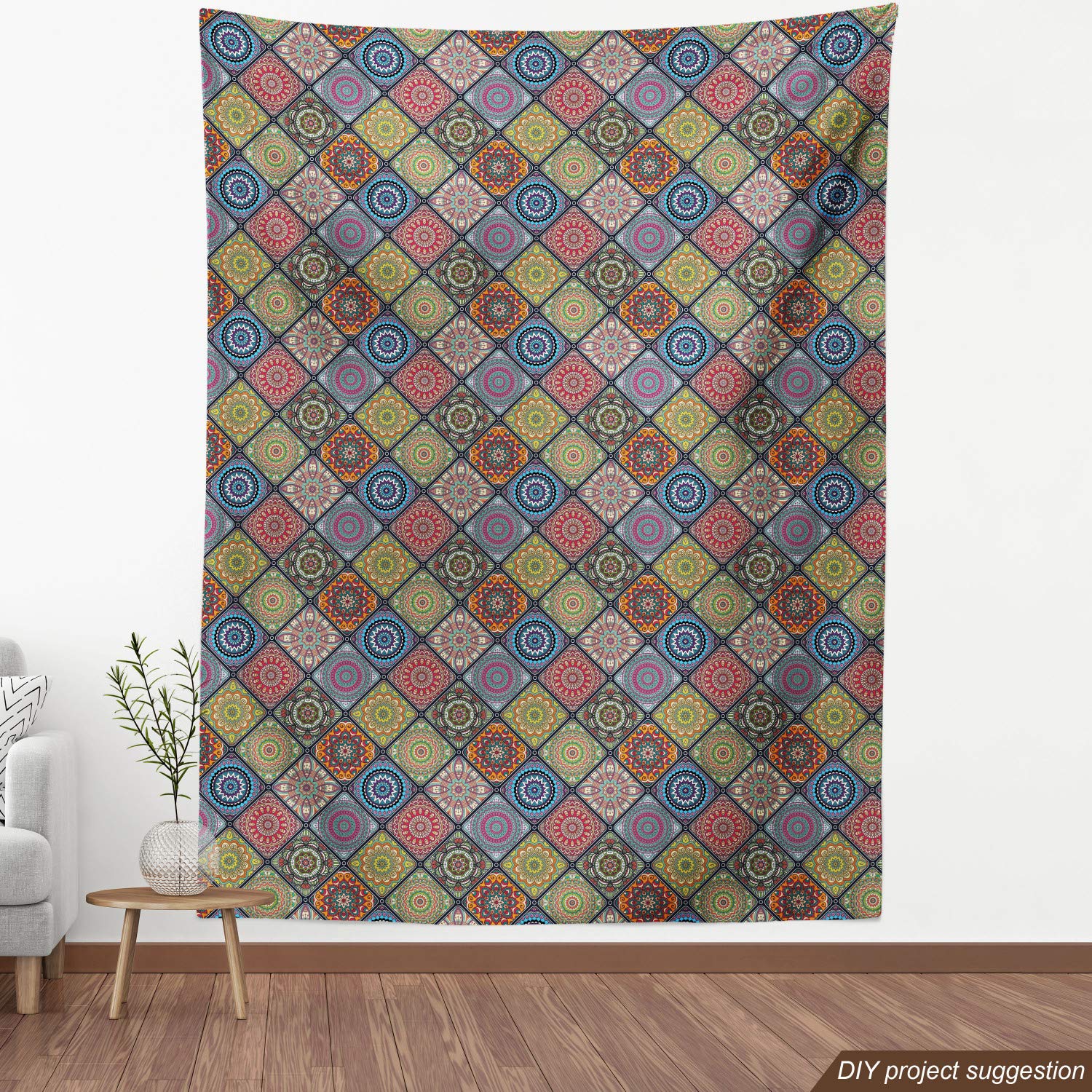 Ambesonne Mandala Fabric by The Yard, Checkered Rectangles Pattern Various Oriental Inspired Motifs Culture, Decorative Fabric for Upholstery and Home Accents, 1 Yard, Beige