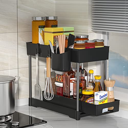 2 Tier Under The Sink Organizer,Bathroom Cabinet Organizer With Sliding Pull Out,Under Sink Organizers And Storage For Kitchen (Black,1 Pack)