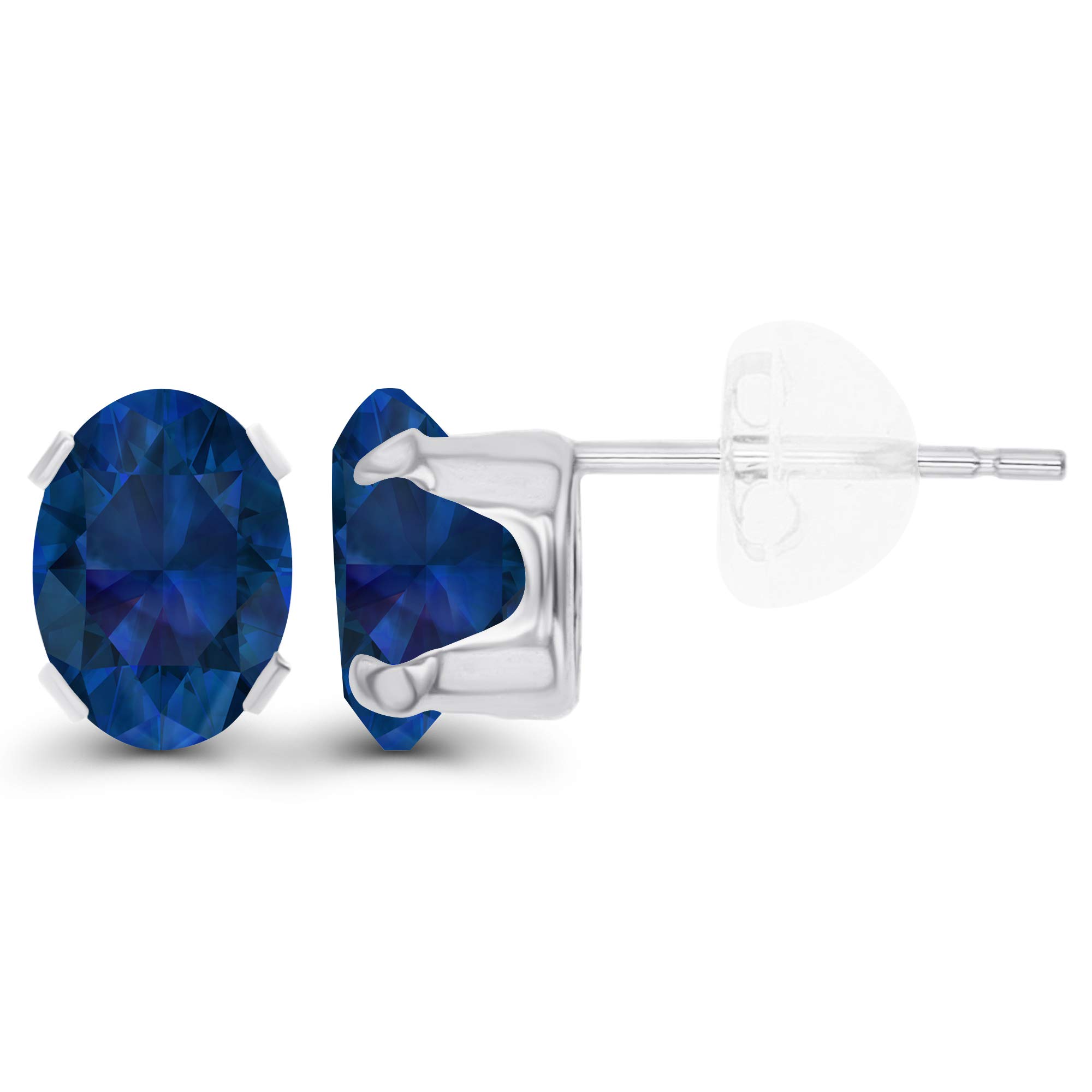 Genuine 10K Solid White Gold 7x5mm Oval Created Blue Sapphire September Birthstone Stud Earrings