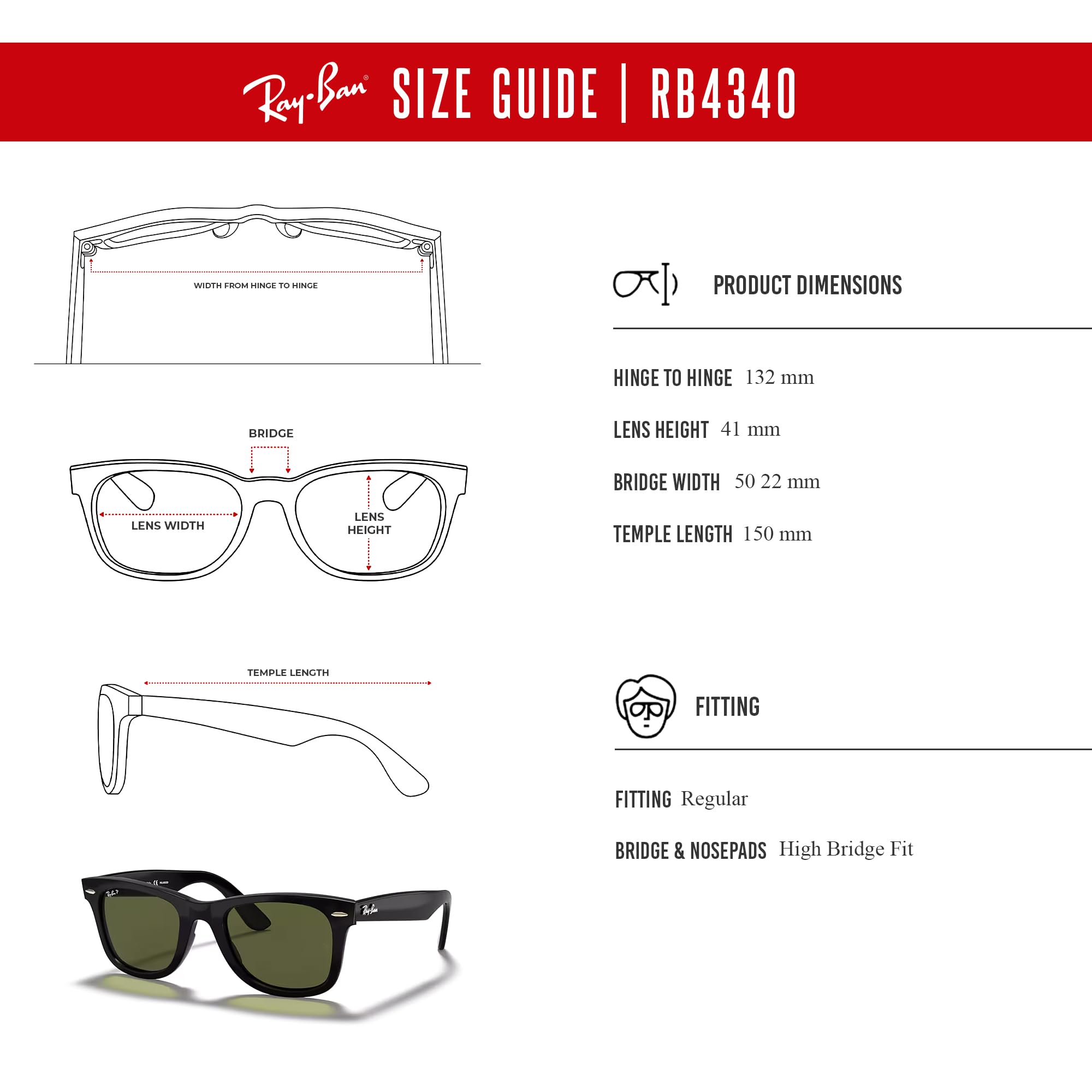 Ray-Ban RB4340 Wayfarer Ease 601/58 50MM Black/Crystal Lens G-15 Green Polarized Sunglasses For Men For Women + Bundle with Designer iWear Eyewear Kit