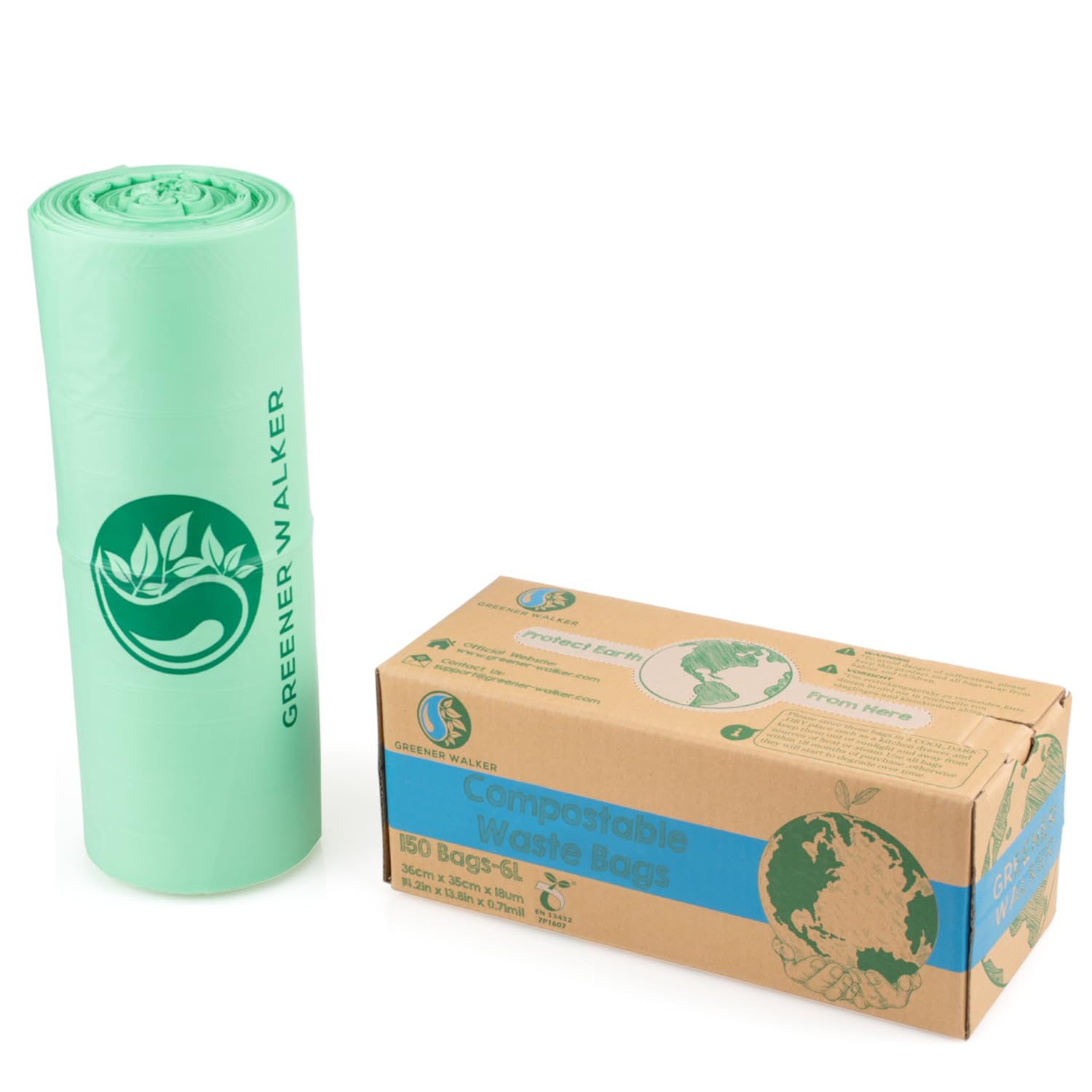 GREENER WALKER 100% Compostable Trash Bags, 1.6 Gallon-150Bags, Food Scrap Kitchen Waste Bags with EN13432 Certified
