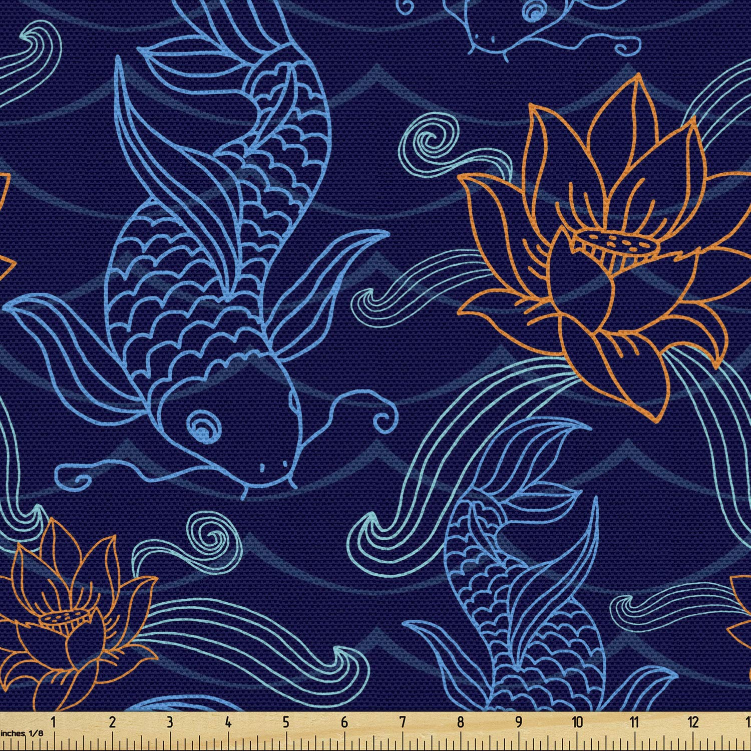 Ambesonne Fish Fabric by The Yard, Oriental Koi Fish Floral Arrangement Petals and Leaves Doodle Style Animal, Decorative Fabric for Upholstery and Home Accents, 3 Yards, Orange Blue