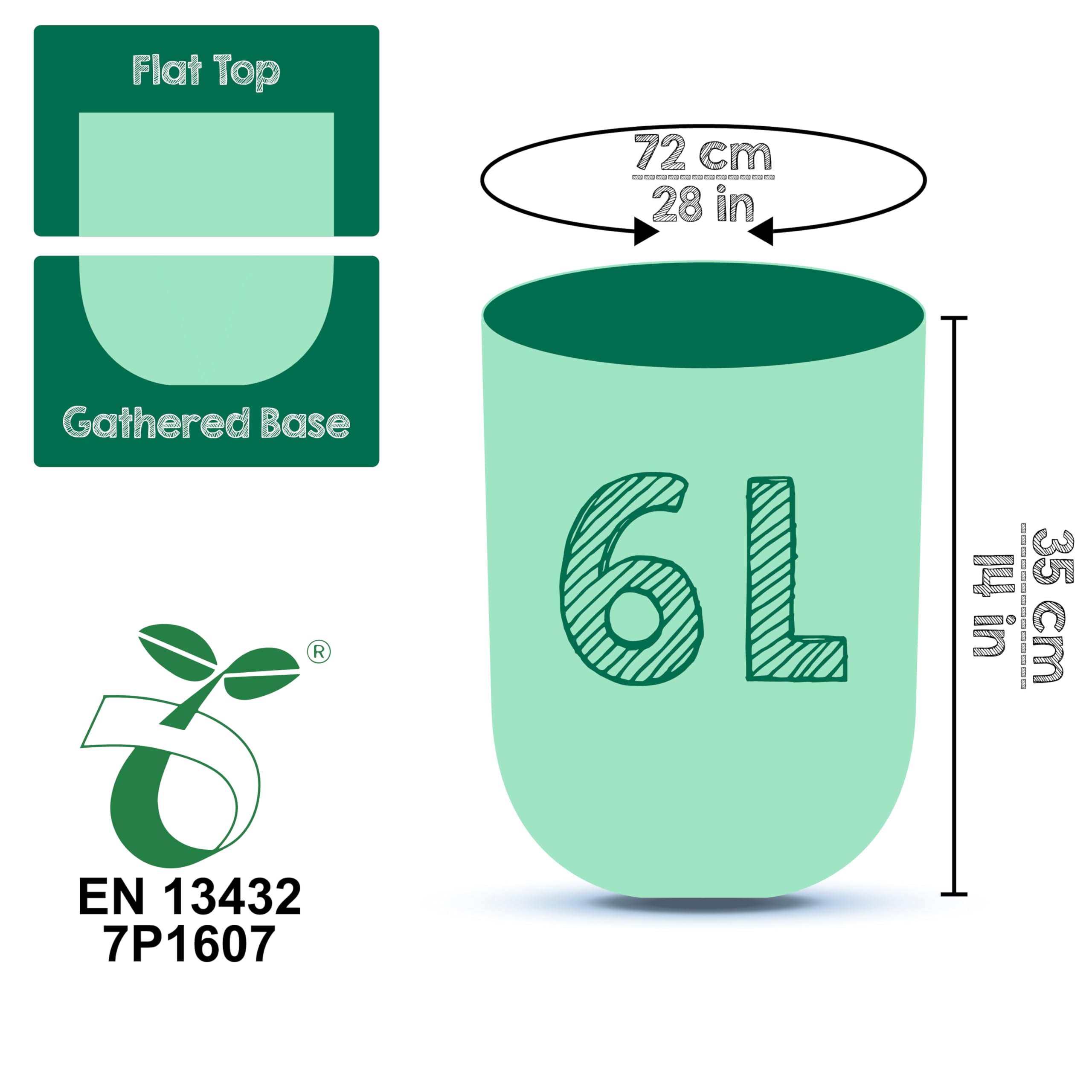 GREENER WALKER 100% Compostable Trash Bags, 1.6 Gallon-150Bags, Food Scrap Kitchen Waste Bags with EN13432 Certified