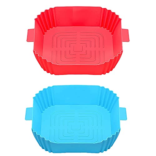 Air Fryer Silicone Liners (2-Pack), Reusable Square Air Fryer Liners Heat Resistant Silicone Air Fryer Liners Air Fryer Accessories For 4 To 7 Qt Air fryers (Red+Blue)