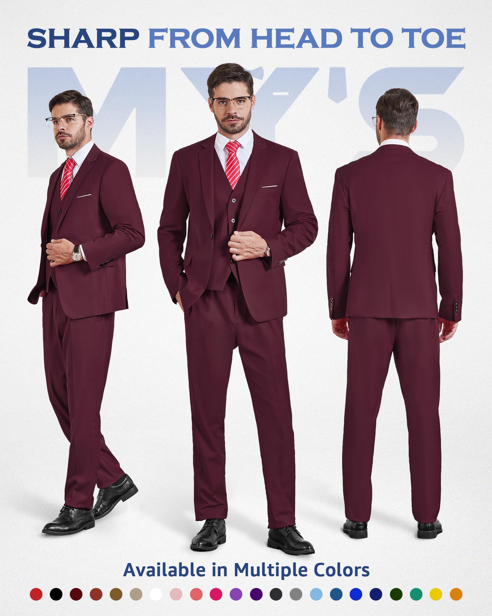 MY'S Men's Blazer Vest Pants Set, One Button Jacket Waistcoat and Trousers, Solid Party Wedding Dress Burgundy Small