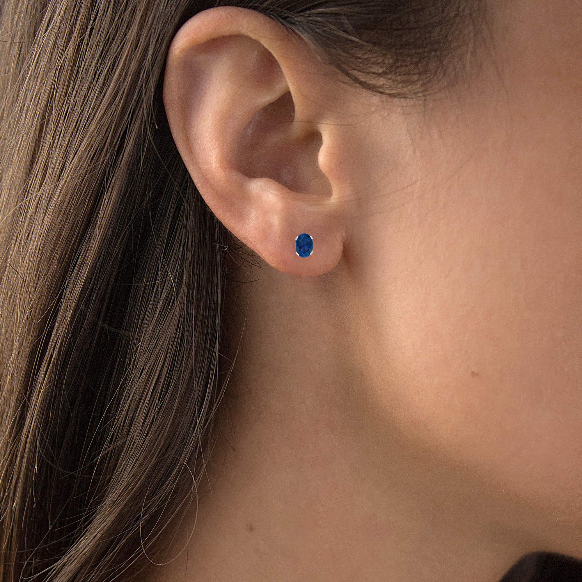 Genuine 10K Solid White Gold 7x5mm Oval Created Blue Sapphire September Birthstone Stud Earrings