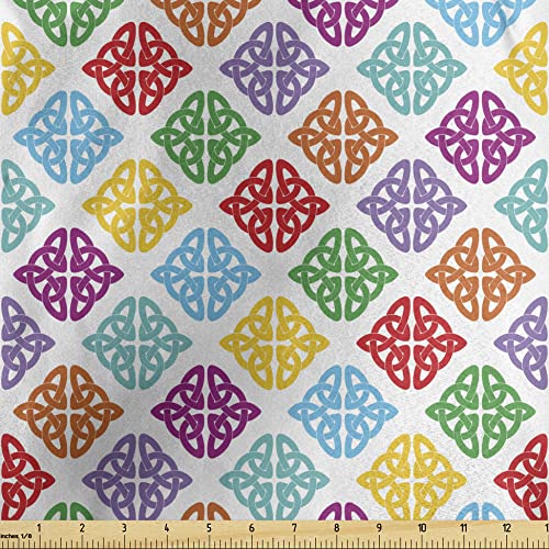 Lunarable Celtic Knot Fabric by The Yard, Colorful Antique European Ornate Design Mythological with Curved Lines, Decorative Satin Fabric for Home Textiles and Crafts, 1 Yard, Multicolor