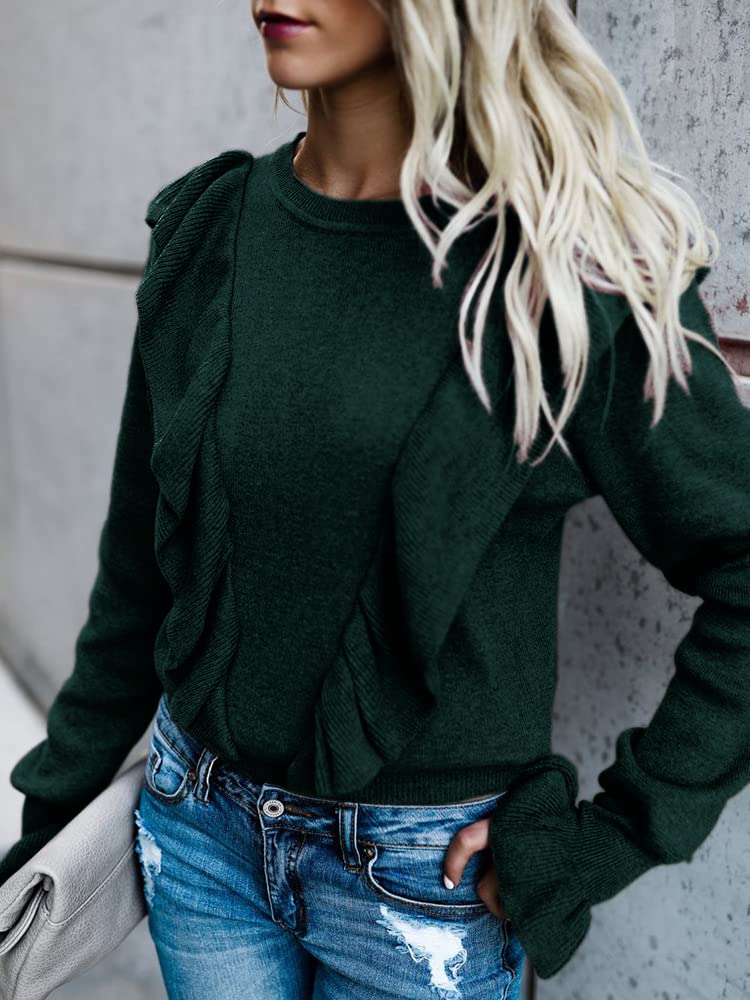 Valphsio Women's Long Sleeve Rib Ruffle Front Sweater Crewneck Puff Shirt Pullover Cute Tops (Large, Green)