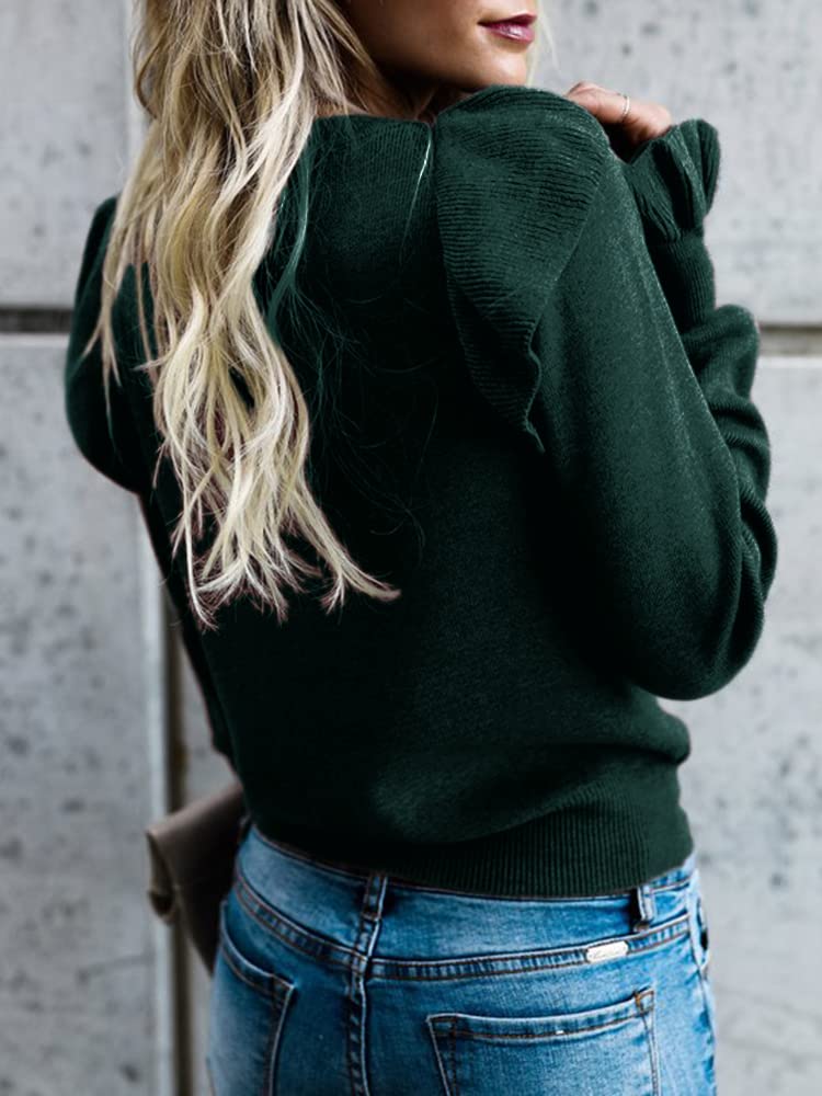 Valphsio Women's Long Sleeve Rib Ruffle Front Sweater Crewneck Puff Shirt Pullover Cute Tops (Large, Green)