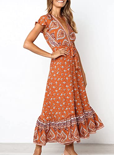 ZESICA Women's 2025 Bohemian Floral Printed Wrap V Neck Short Sleeve Split Beach Party Maxi Dress,Tangerine,Large