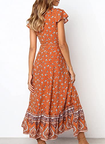 ZESICA Women's 2025 Bohemian Floral Printed Wrap V Neck Short Sleeve Split Beach Party Maxi Dress,Tangerine,Large