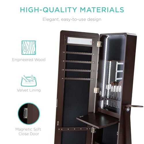 Best Choice Products Standing Full Length LED Mirror Jewelry Makeup Storage Organizer Cabinet Armoire w/Interior & Exterior Lights, Touchscreen, Pop-Up Shelf, Velvet Lining, 4 Compartments, Drawer