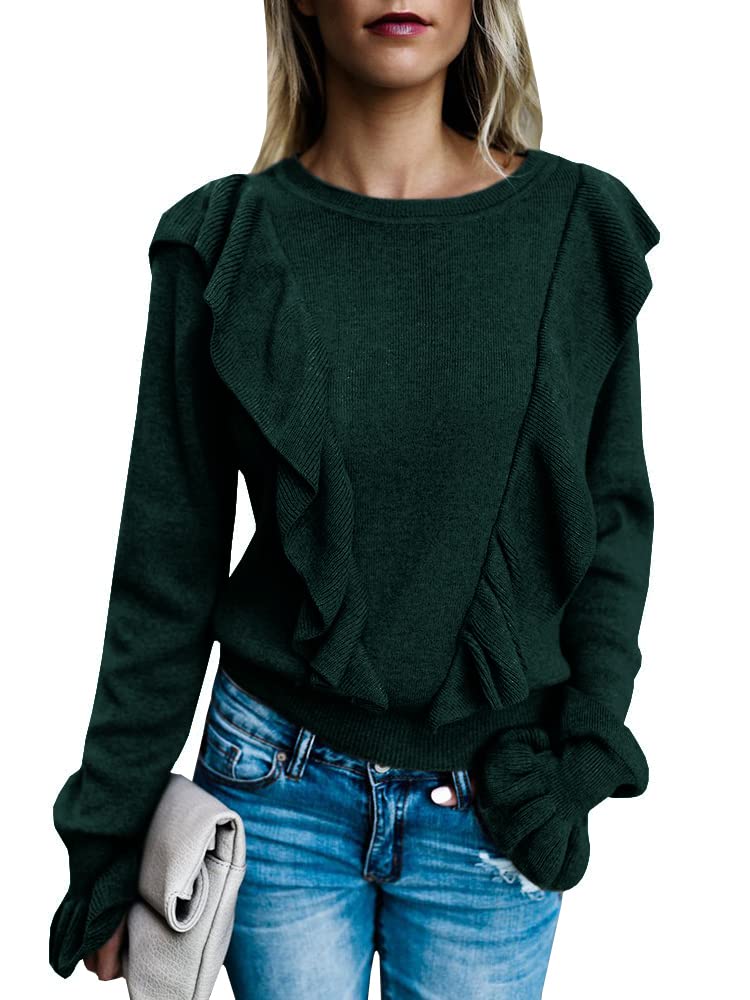 Valphsio Women's Long Sleeve Rib Ruffle Front Sweater Crewneck Puff Shirt Pullover Cute Tops (Large, Green)