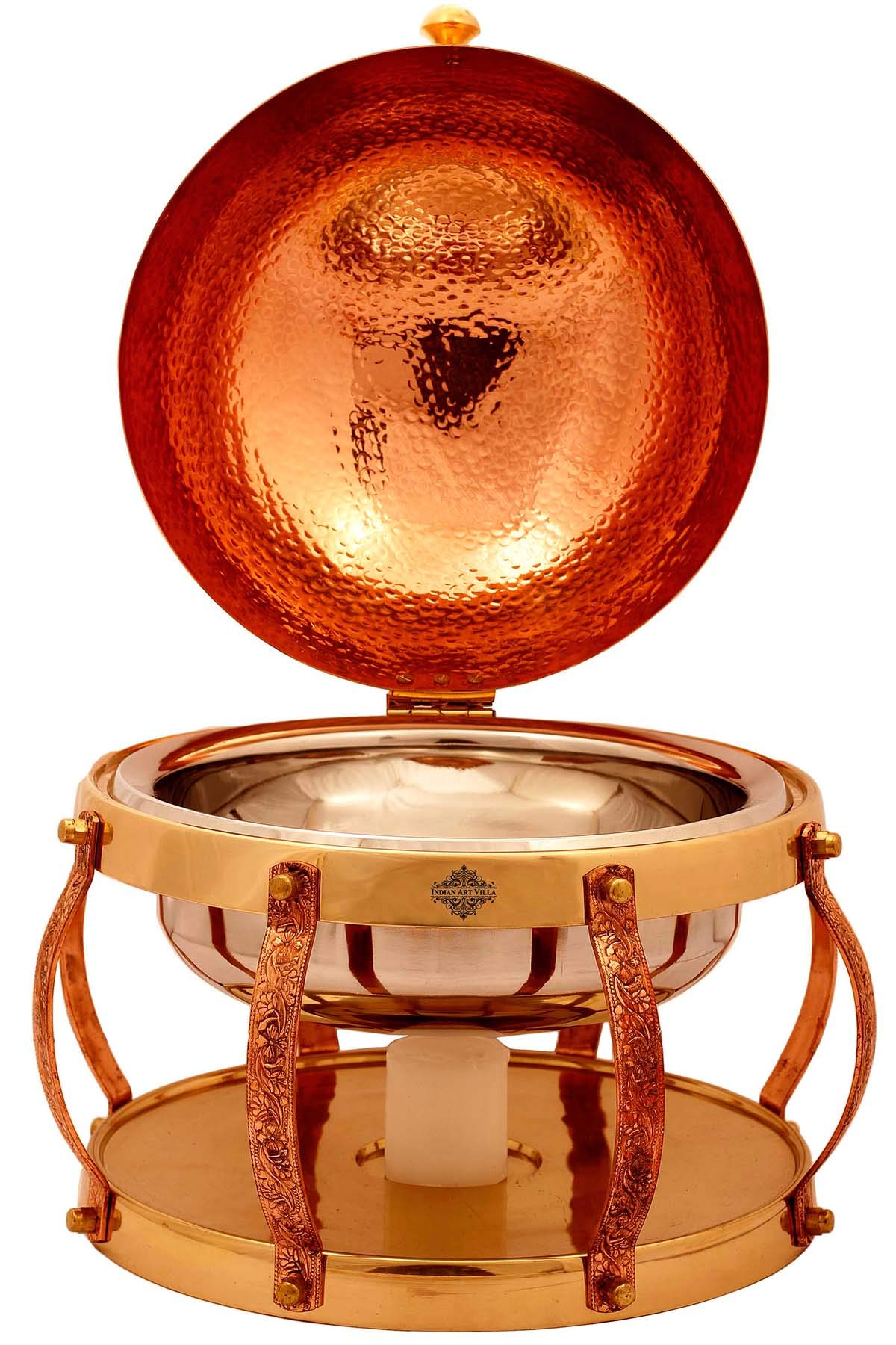Indian Art Villa Steel Copper Chafing Dish with Designer Gel Stand, Buffet Warmer Serveware Party, 71 OZ