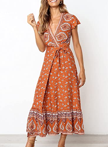 ZESICA Women's 2025 Bohemian Floral Printed Wrap V Neck Short Sleeve Split Beach Party Maxi Dress,Tangerine,Large