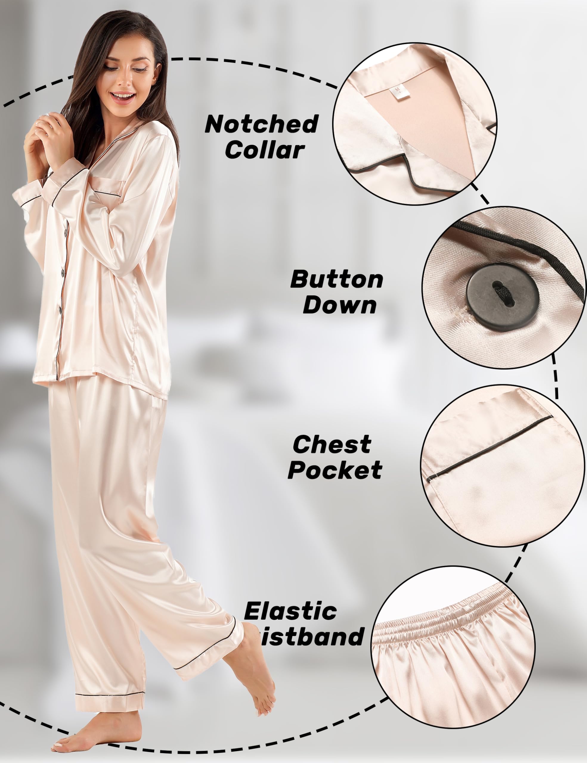 GAESHOW Silk Pajamas for Women Long Sleeve Button Down Sleepwear 2 Piece Loungewear Pjs Set Champagne