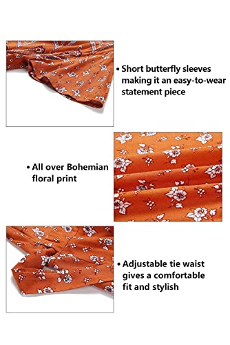ZESICA Women's 2025 Bohemian Floral Printed Wrap V Neck Short Sleeve Split Beach Party Maxi Dress,Tangerine,Large