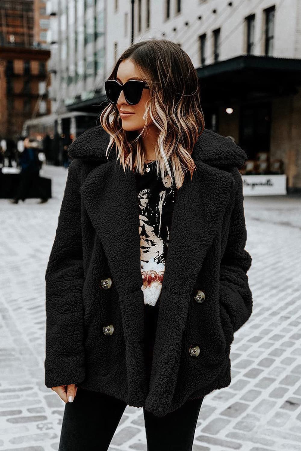 PRETTYGARDEN Women's Fashion Winter Coat Sherpa Fleece Faux Fur Shearling Oversized Trendy Jackets Warm Outerwear (Style Two Black,X-Large)