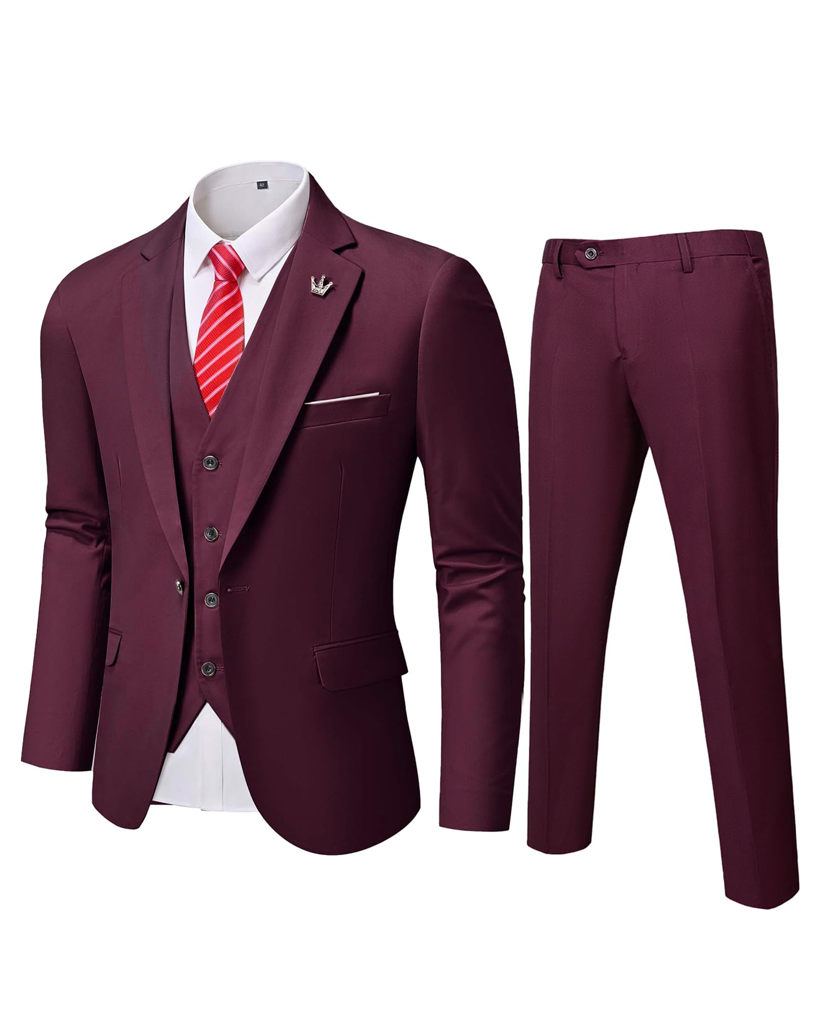 MY'S Men's Blazer Vest Pants Set, One Button Jacket Waistcoat and Trousers, Solid Party Wedding Dress Burgundy Small