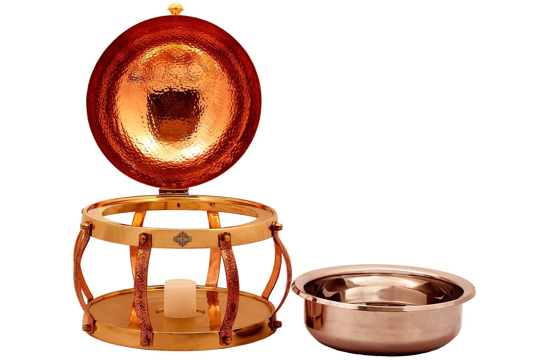 Indian Art Villa Steel Copper Chafing Dish with Designer Gel Stand, Buffet Warmer Serveware Party, 71 OZ