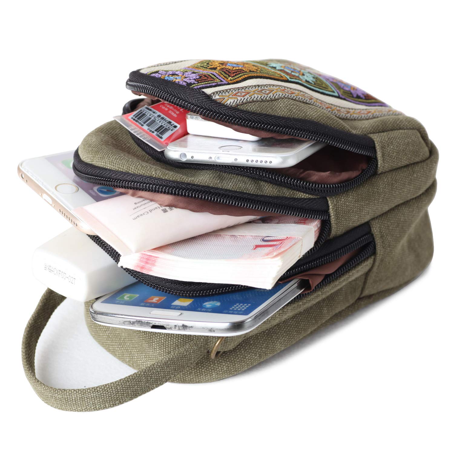 SILKAREA Women Canvas Cell Phone Purse Crossbody Bag Embroidered Small Shoulder Bags Handbags Credit Card Wallet Pouch (Army Green)