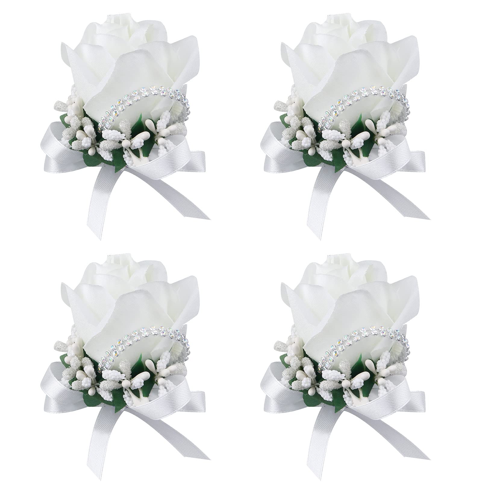 Febou Wrist Corsage 4 Packs Wedding Bridal Wrist Flower Rose Wristband Corsage Flower for Bride Bridesmaid Perfect for Wedding, Prom, Party (4 Packs, Wrist-White)