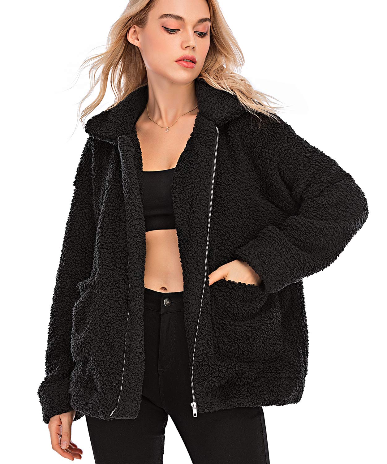 Women's Coat Casual Lapel Fleece Fuzzy Faux Shearling Zipper Coats Warm Winter Oversized Outwear Jackets (Black,XL)