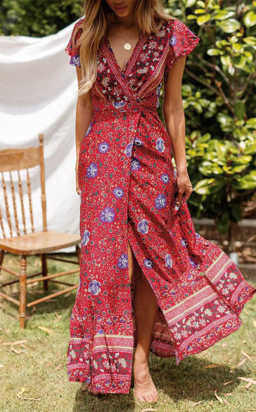 ZESICA Women's 2025 Bohemian Floral Printed Wrap V Neck Short Sleeve Split Beach Party Maxi Dress,Red,Medium