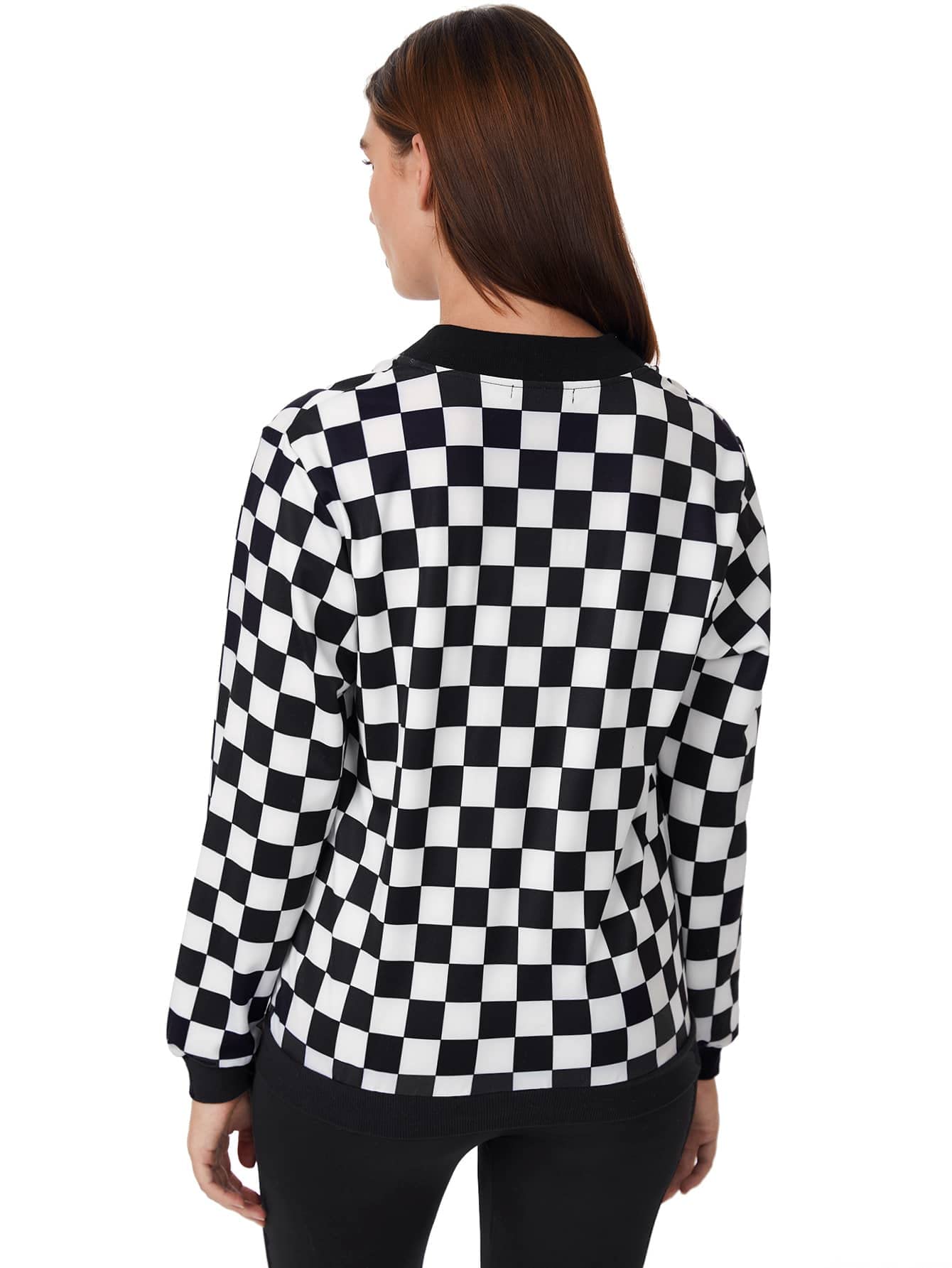 WDIRARA Women's Zip Front Plaid Print Long Sleeve Stand Collar Casual Jacket Black and White S