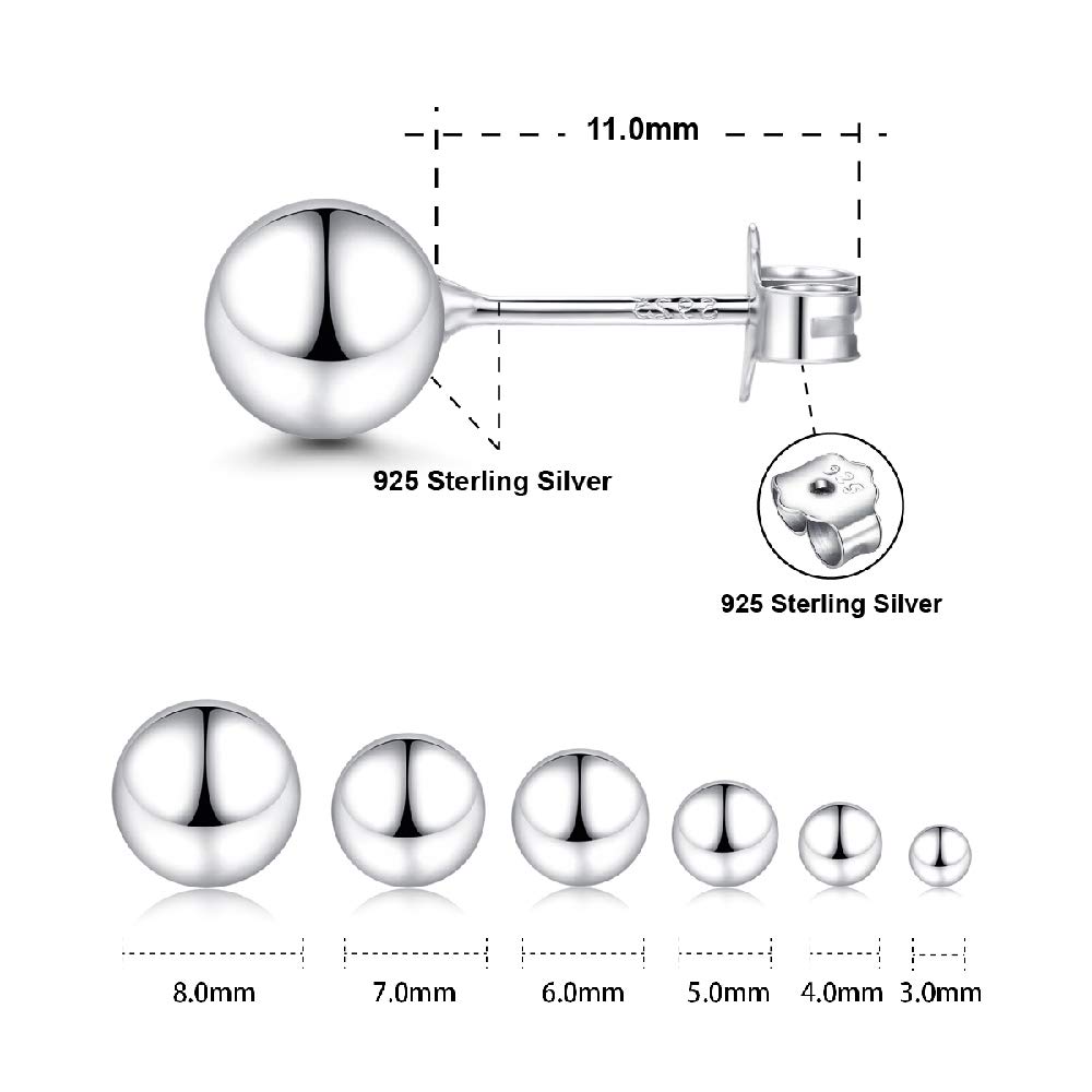 18K White Gold Plated Sterling Silver Ball Stud Earrings 3mm-8mm Options, Simple Polished Ball Studs Hypoallergenic Jewelry (3mm)