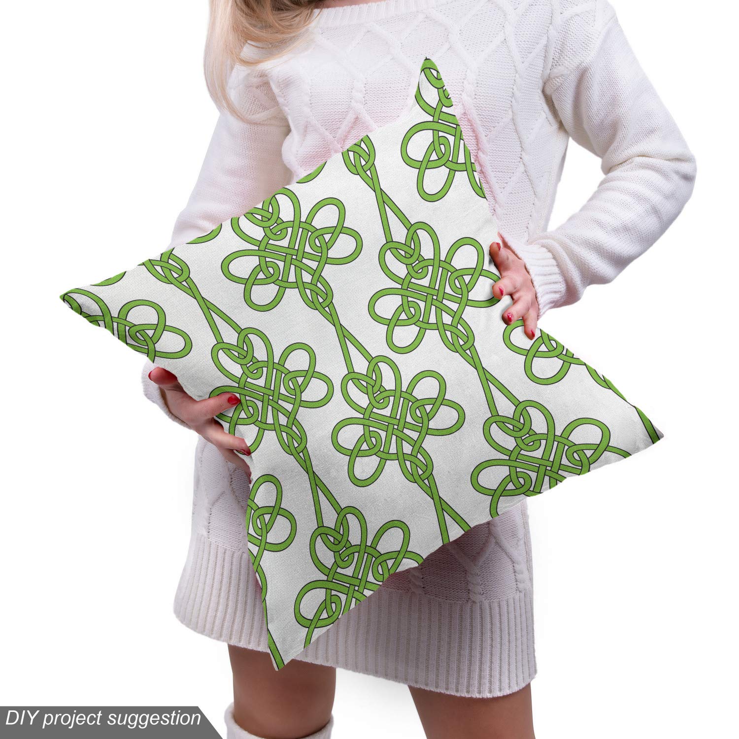 Lunarable Celtic Fabric by The Yard, St. Patrick's Day Theme Celtic Knots Lucky Clover Design Pattern Irish Theme Print, Decorative Fabric for Upholstery and Home Accents, 2 Yards, White Green